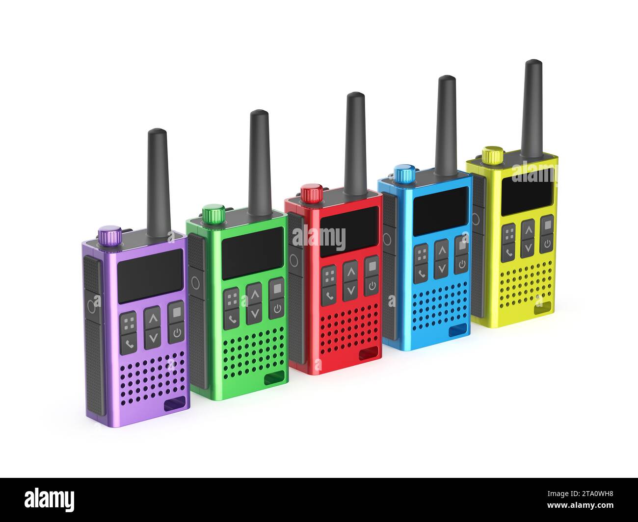 Row with five walkie-talkies with different colors on white background ...