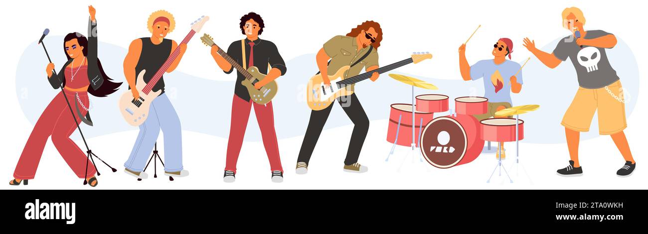 Rock band cartoon characters singing song playing music isolated set ...