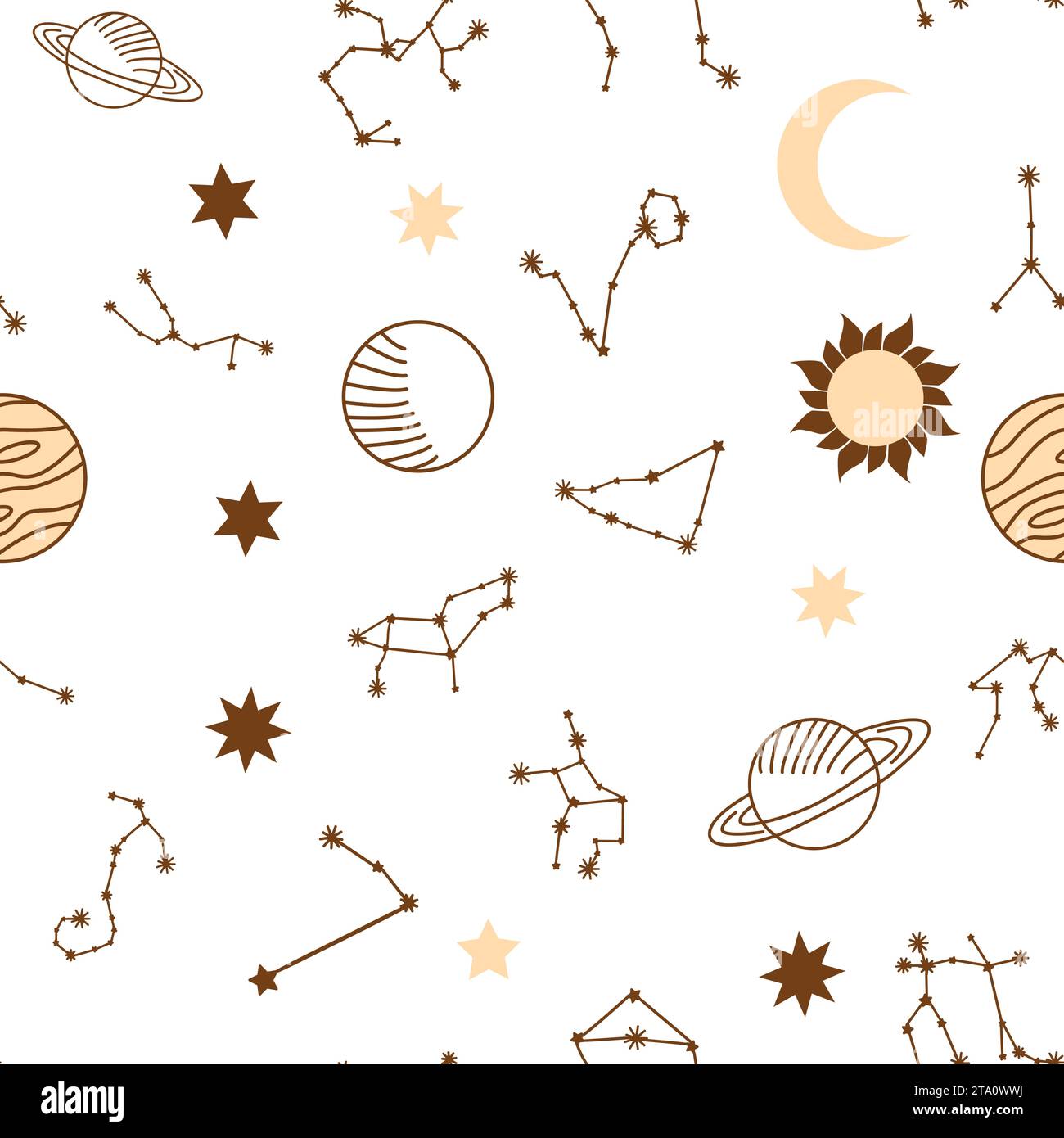 Magic seamless pattern with constellations, sun, moon, magic eyes, clouds and stars. Mystical ...
