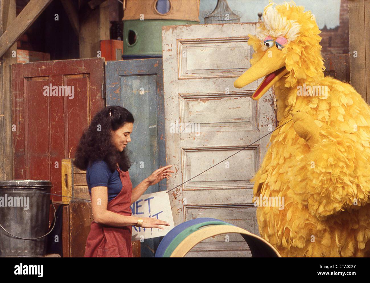 A 1977 Photo Of Rehearsals On The Set Of Sesame Street Showing Big Bird Carroll Spinney Doing