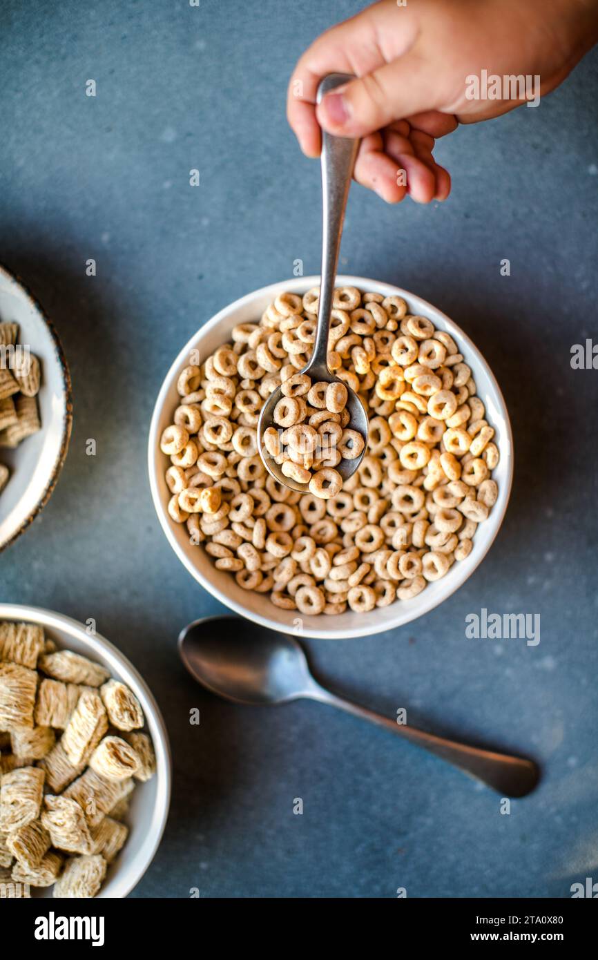 Set of various tasty breakfast cereals on light grey table, flat lay ...
