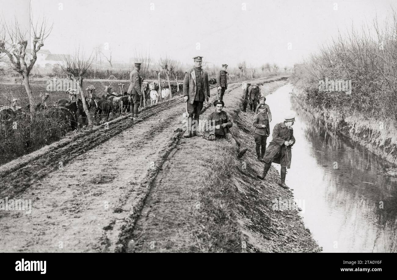WW1 World War I -British soldiers sitting on river bank, Italy Stock ...
