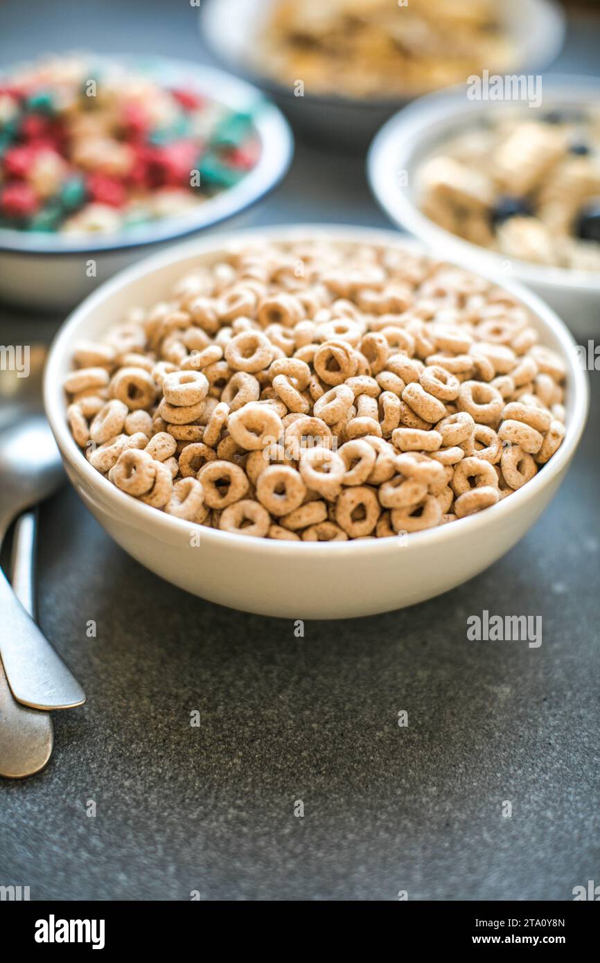 Variety of breakfast whole grain cereals and muesli in bowls on a light ...
