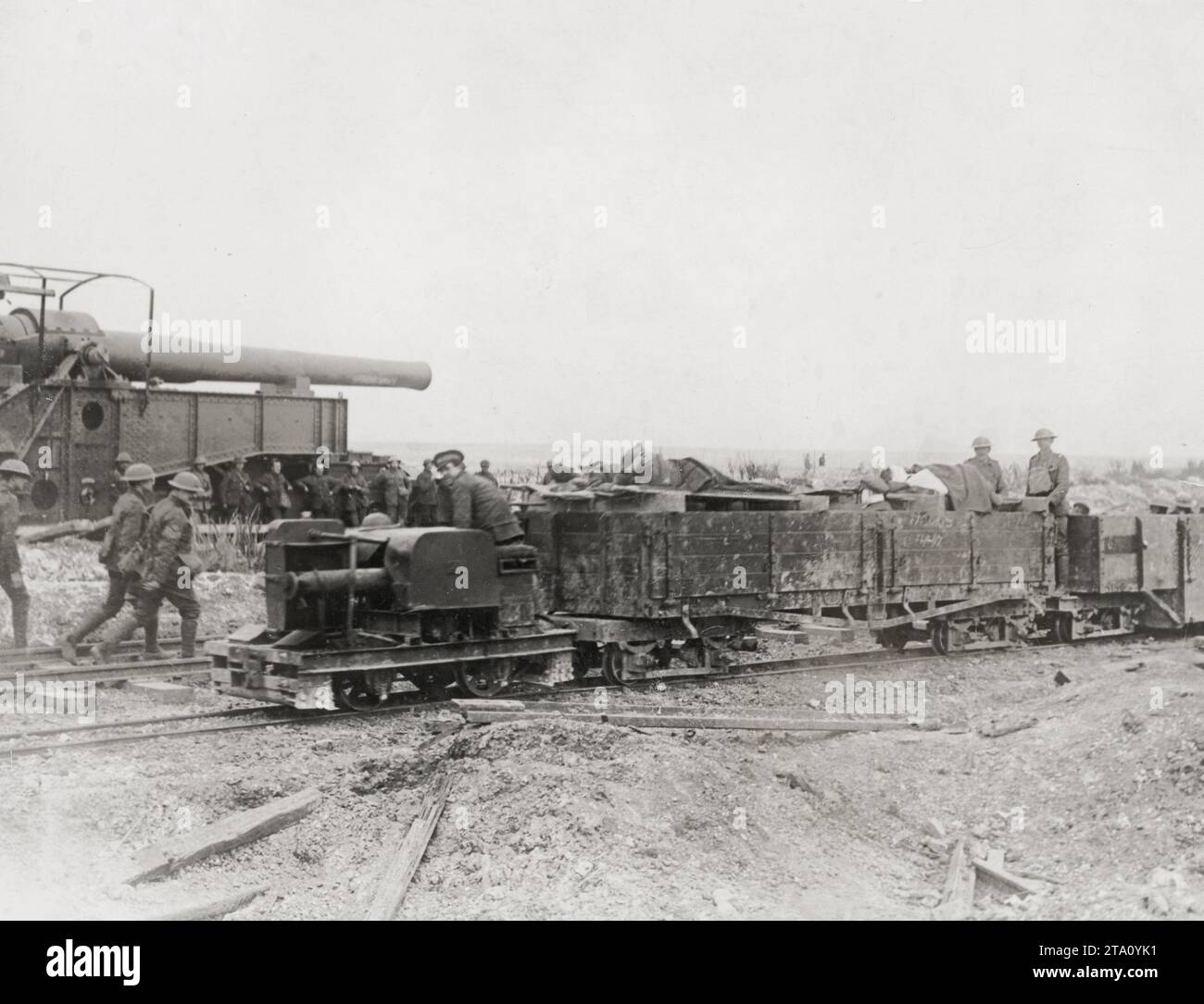 WW1 World War I - A light railway carrying the wounded pass by a large ...