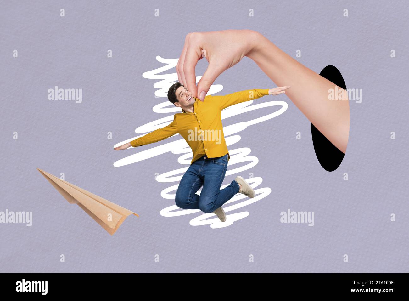 Collage pinup pop sketch image of arm catching flying arms sides guy ...