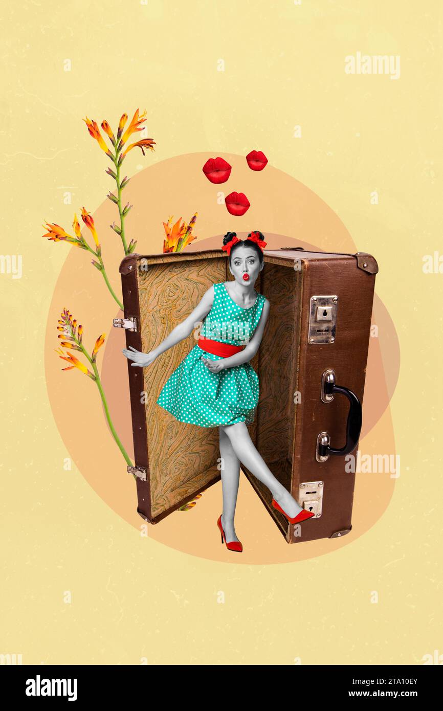 Vertical artwork collage of lady in blue dotted dress boogie woogie ...