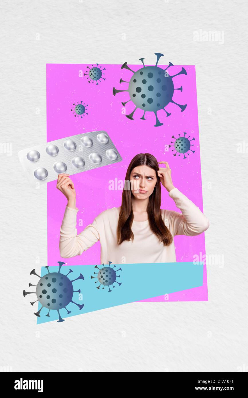 Placard advertisement collage of new pharmacology brand girl choosing ...
