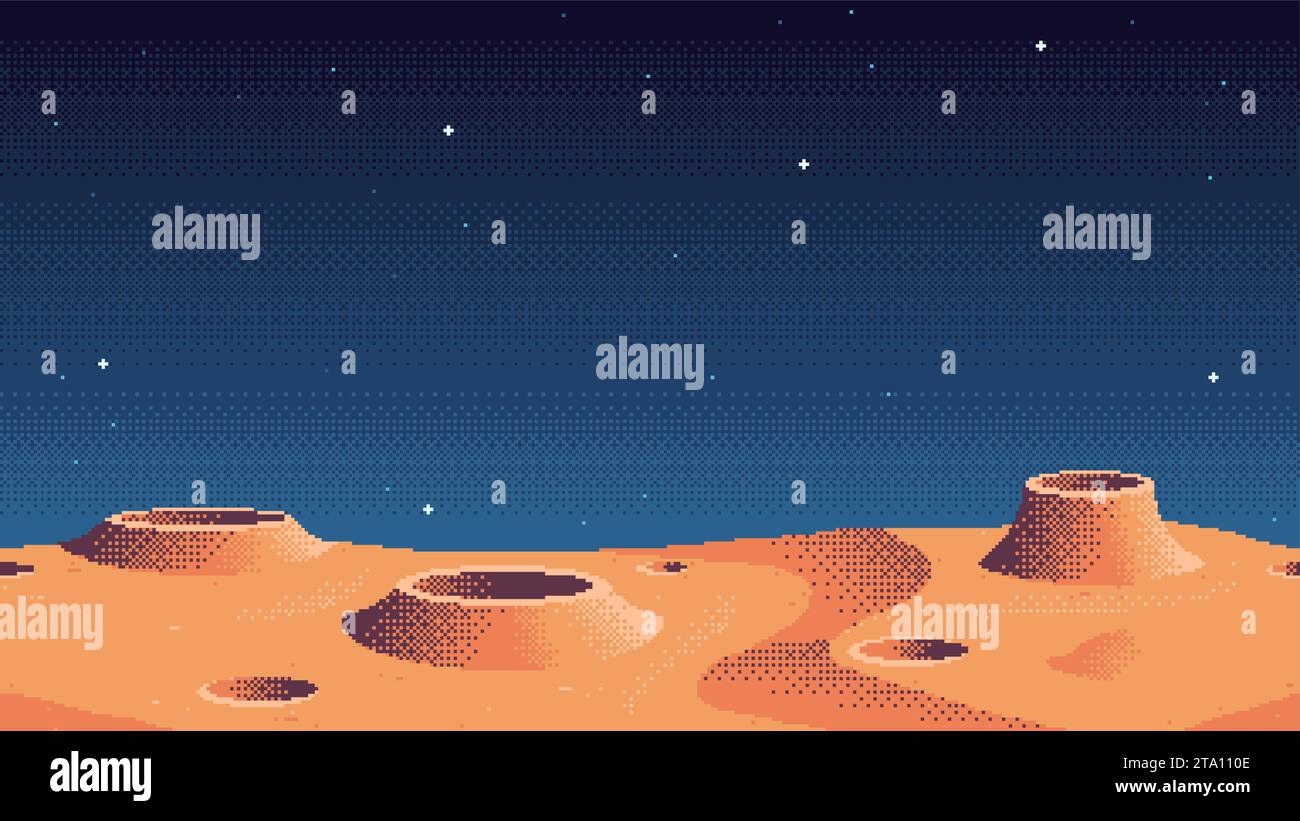 Pixel art game location. Cosmic area, planet surface riddled with ...