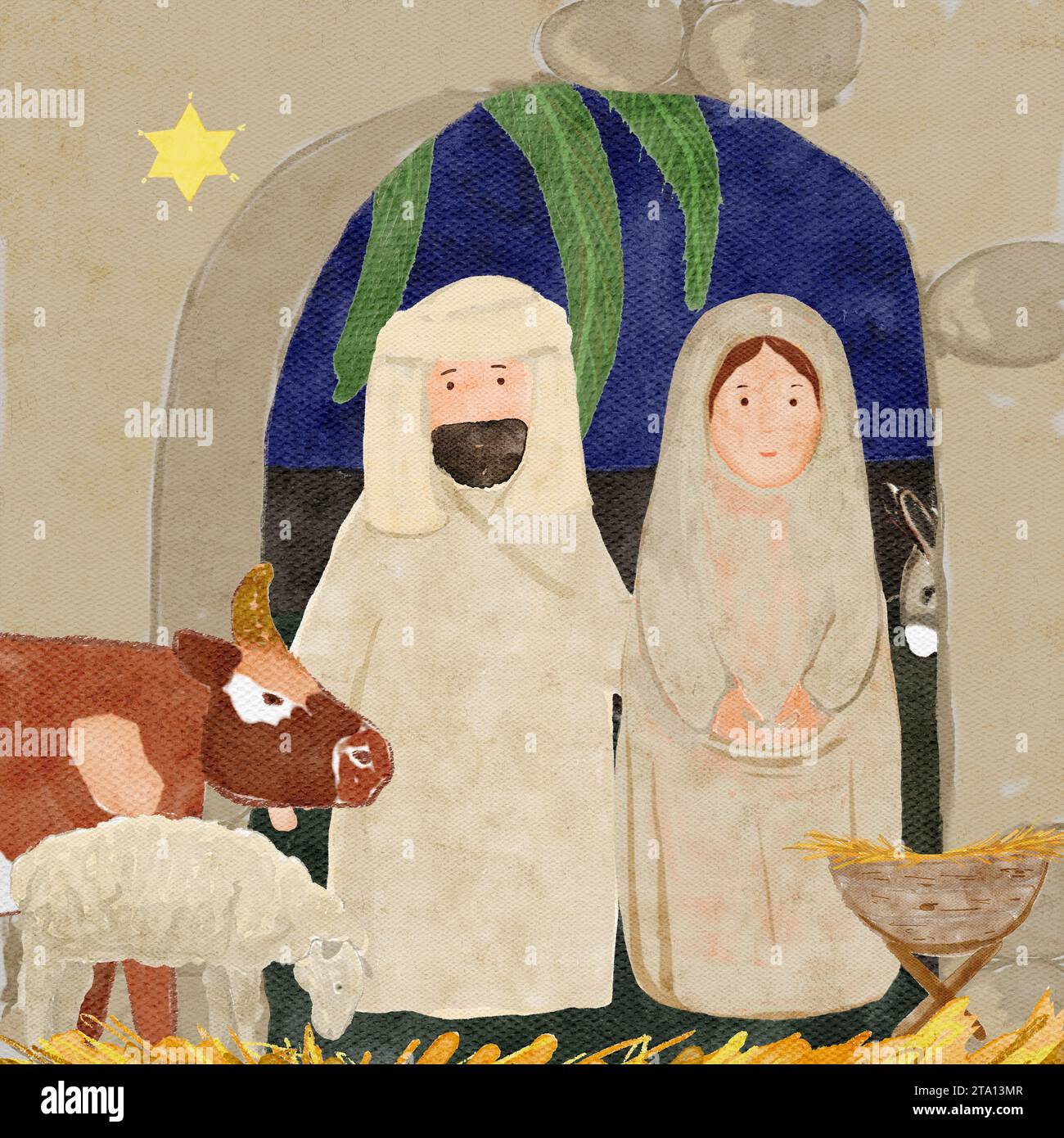 Hand painted watercolor manger, holy family, animals Stock Photo - Alamy
