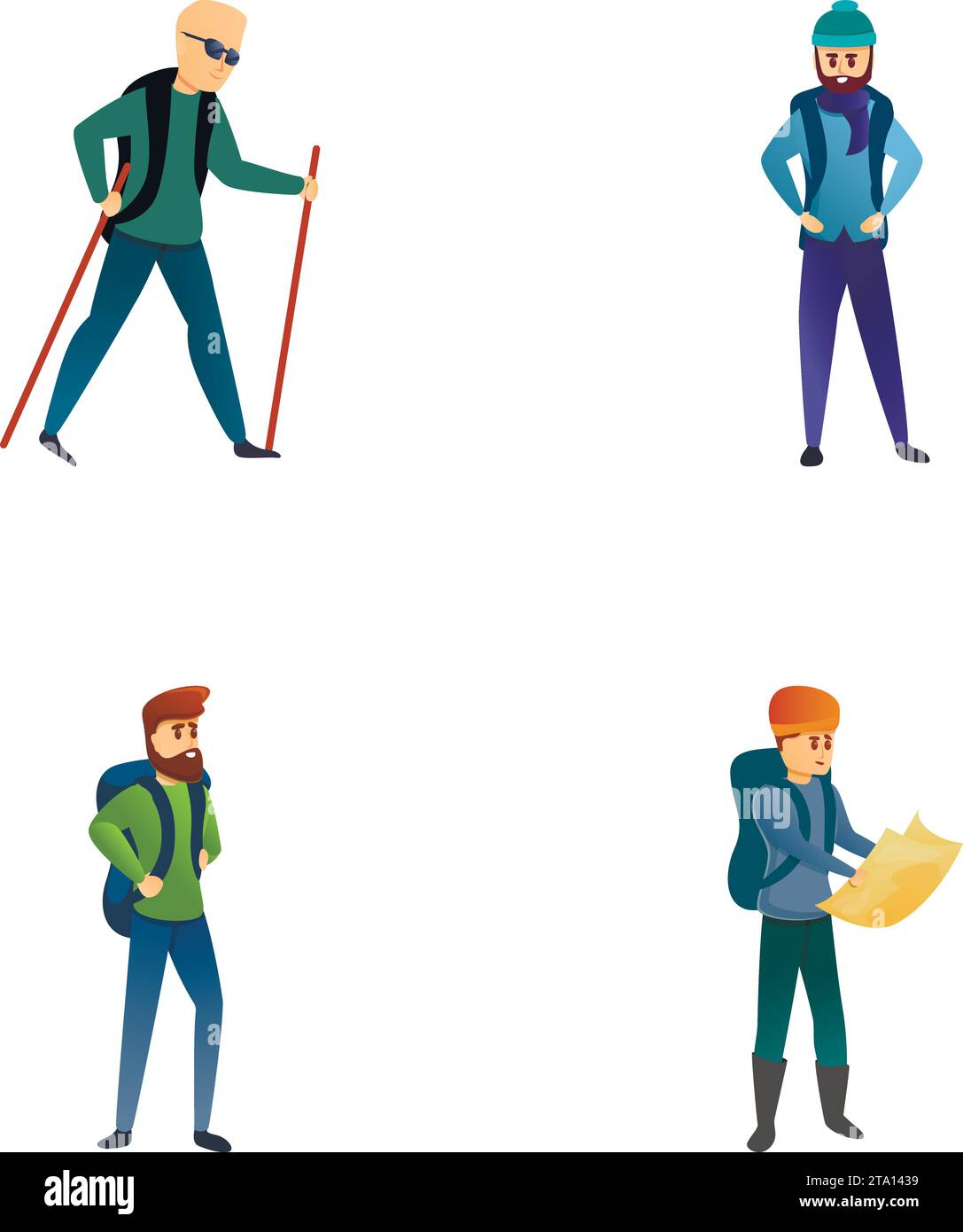 Hiking icons set cartoon vector. Group of tourist with backpack and map ...