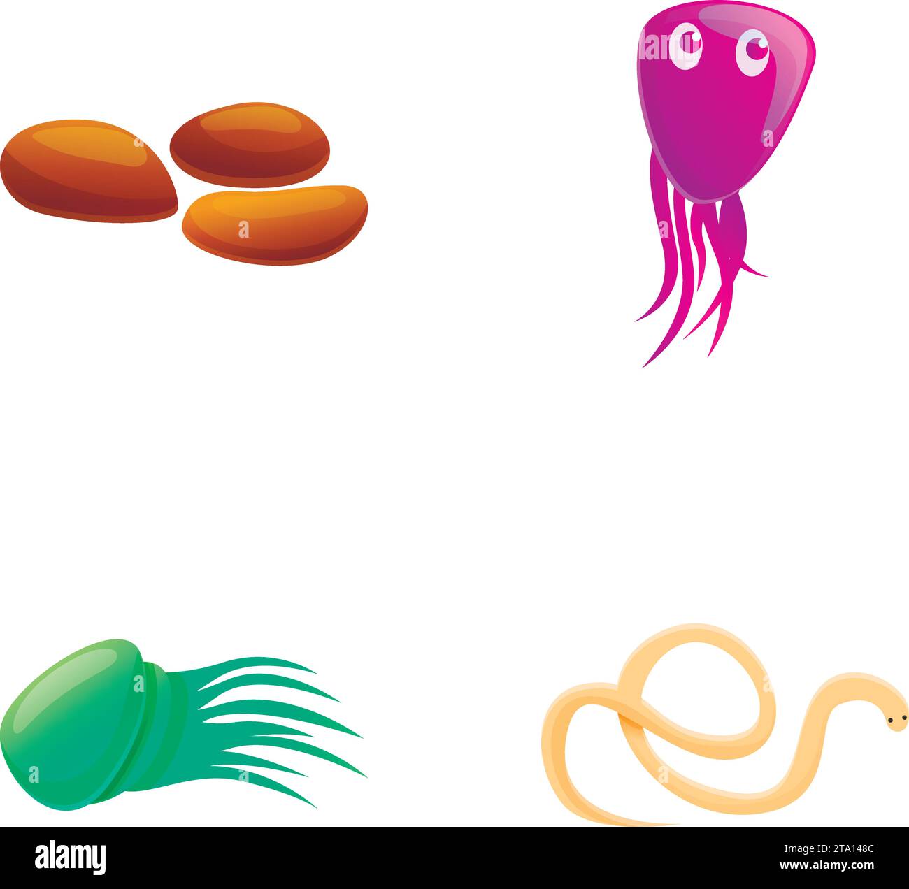 Microorganism icons set cartoon vector. Various bacteria, virus and microbe. Protozoa ...
