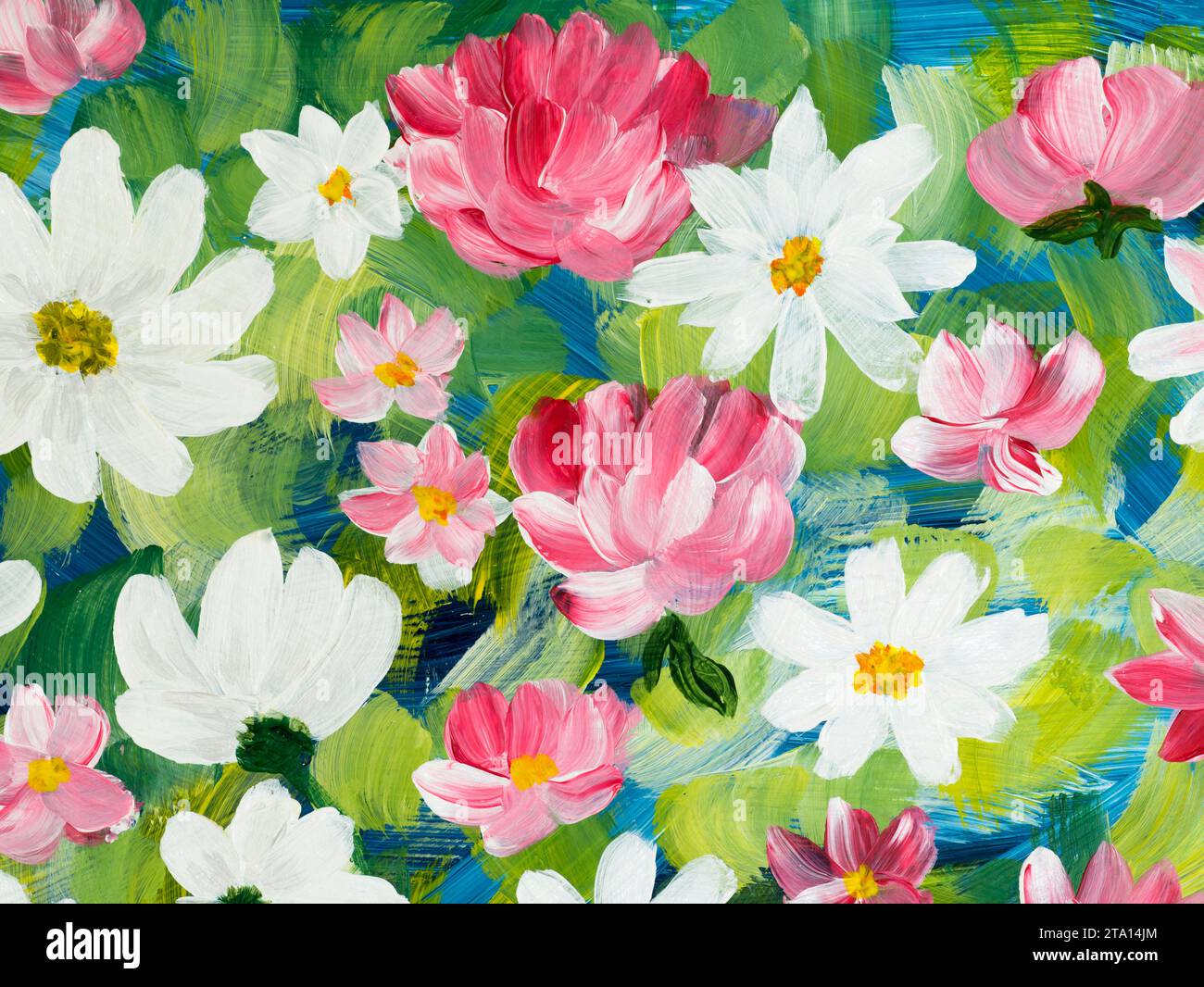 Abstract daisy flowers, original hand drawn, impressionism style, color ...