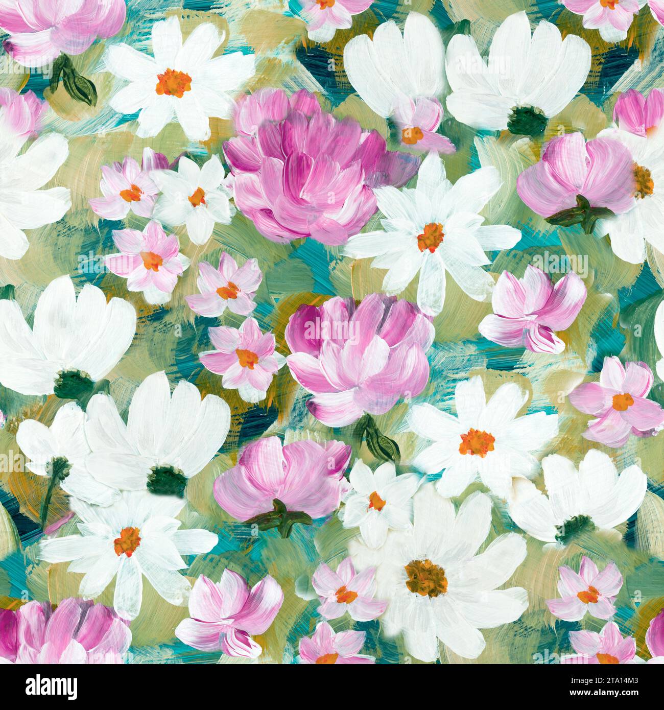 Seamless pattern of abstract daisy flowers, original hand drawn ...