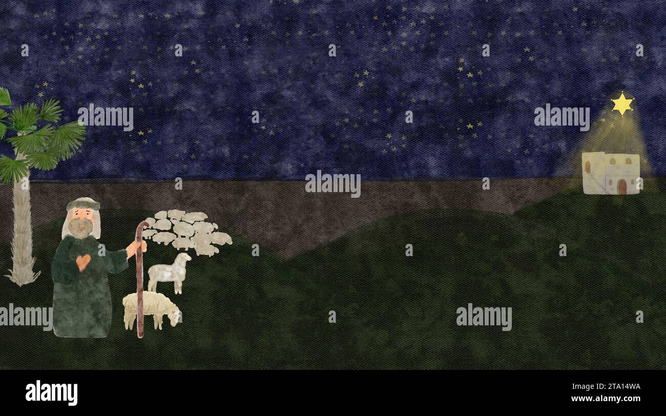 Hand painted watercolor Bethlehem, shepherd, sheep, Christmas star ...
