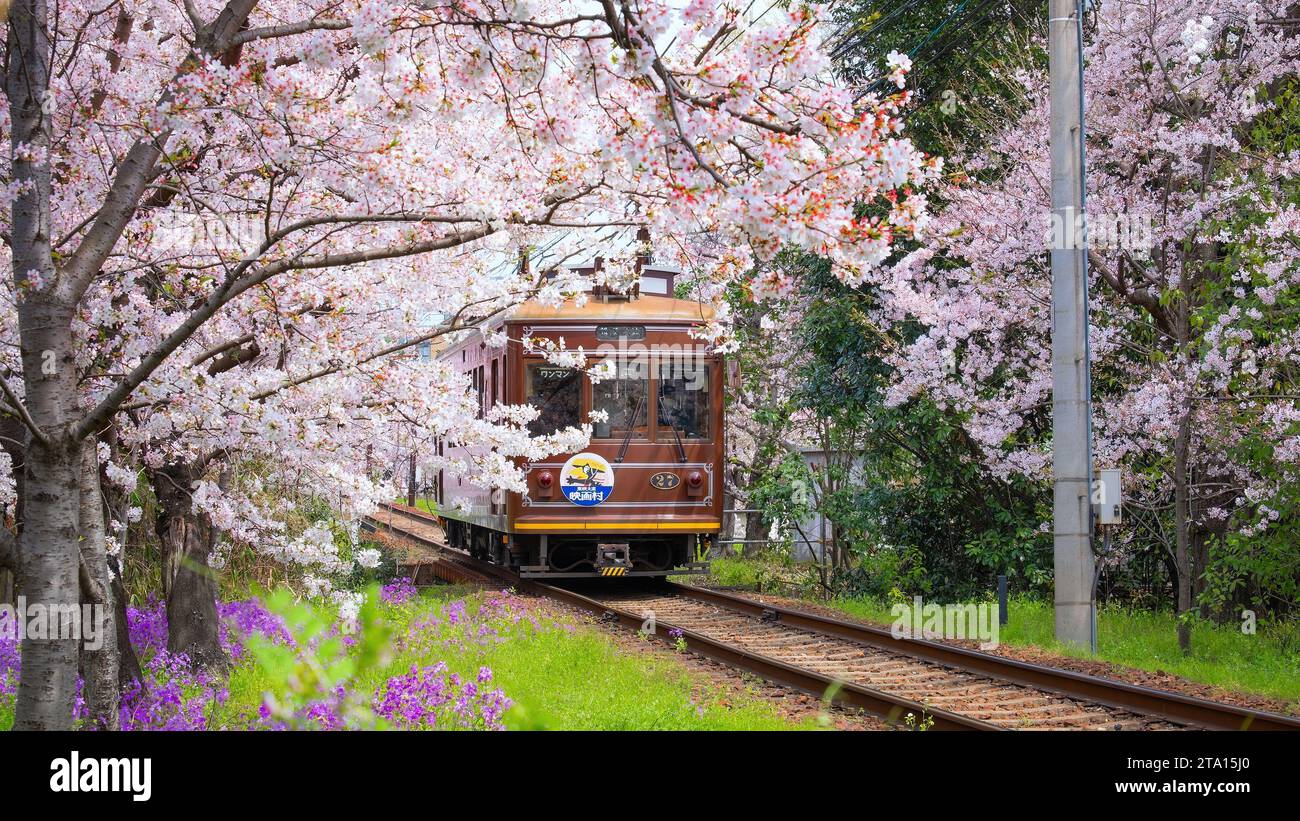 Kyoto, Japan - March 31 2023: Keifuku Tram is operated by Keifuku ...