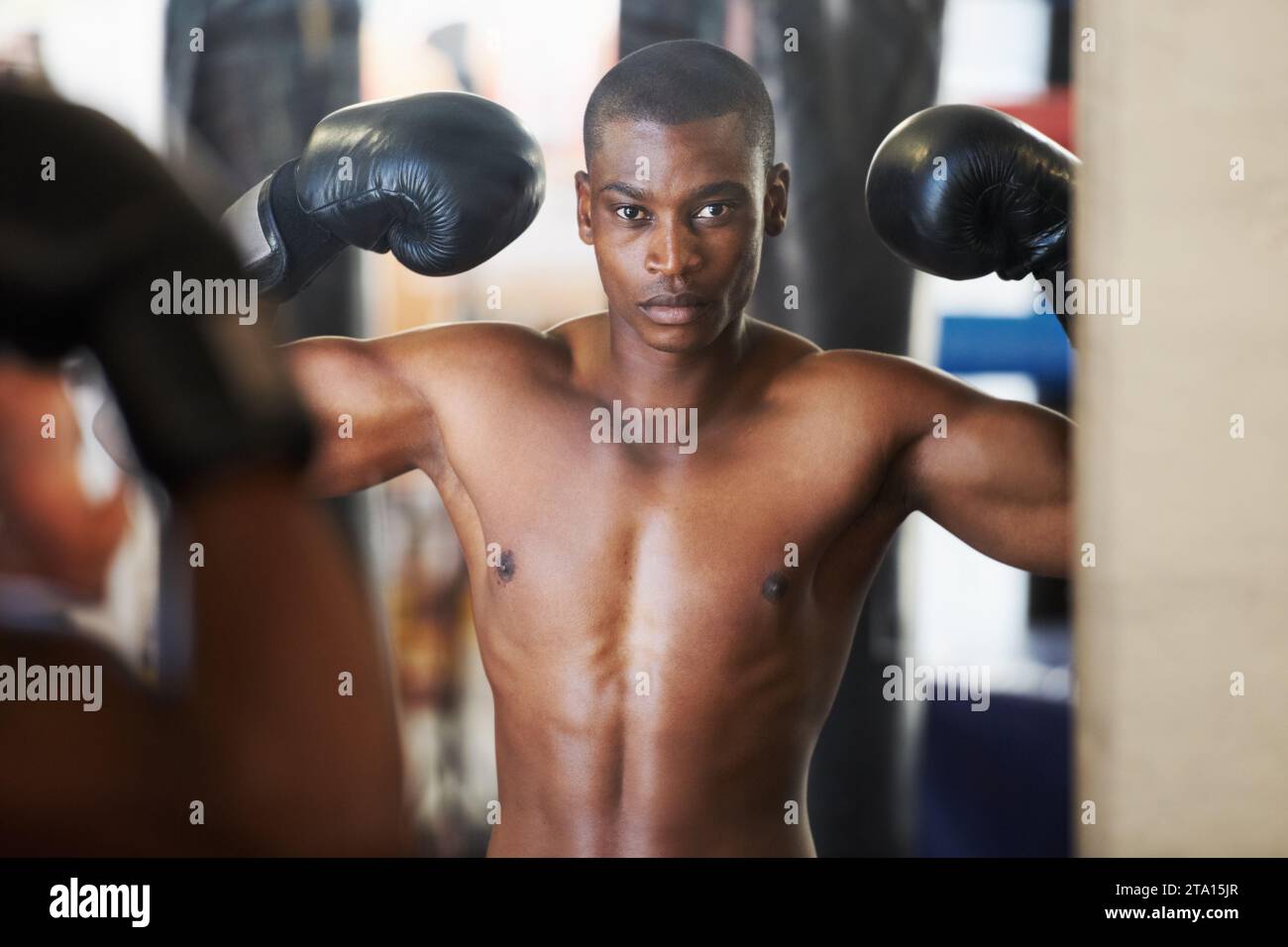Boxing, gloves and portrait of black man flexing in mirror with fitness ...