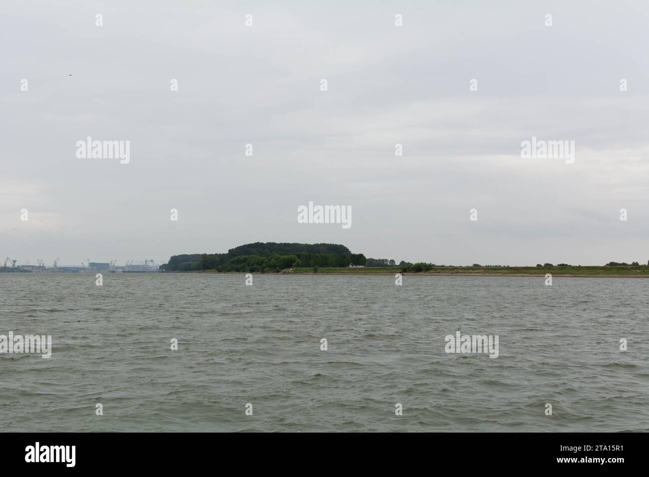 Forest on the banks of the Danube River and the river port of Galati ...