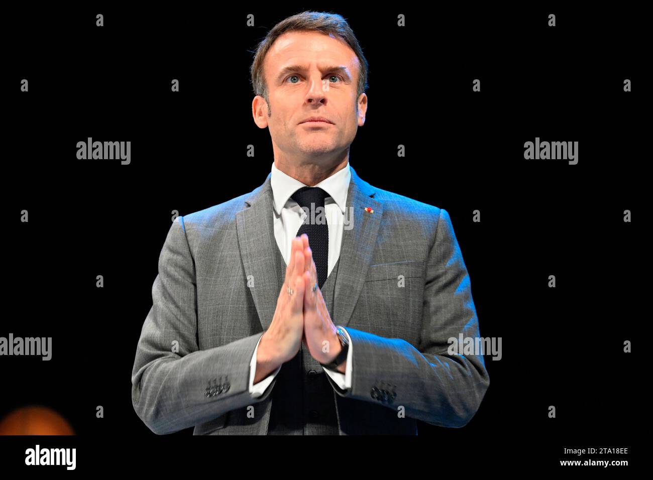 French President Emmanuel Macron looks on as he attends the 18th ...