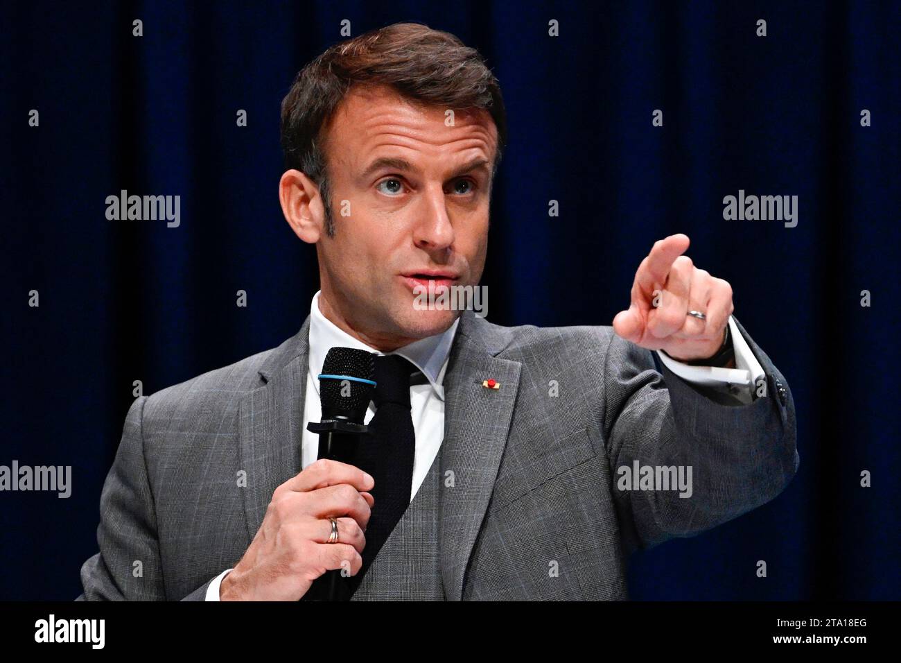 French President Emmanuel Macron delivers his speech during the 18th ...