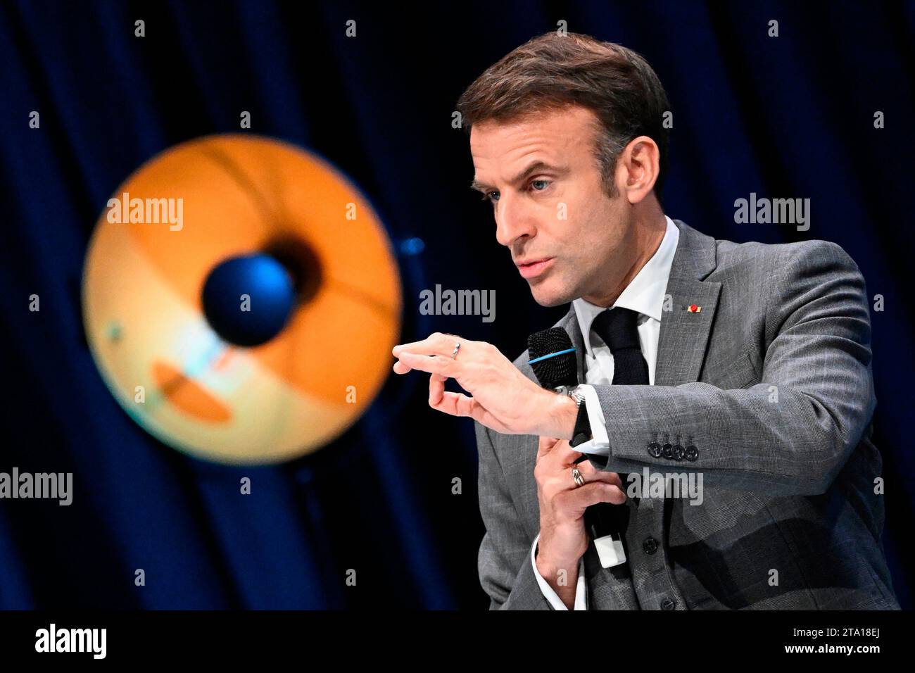 French President Emmanuel Macron delivers his speech during the 18th ...