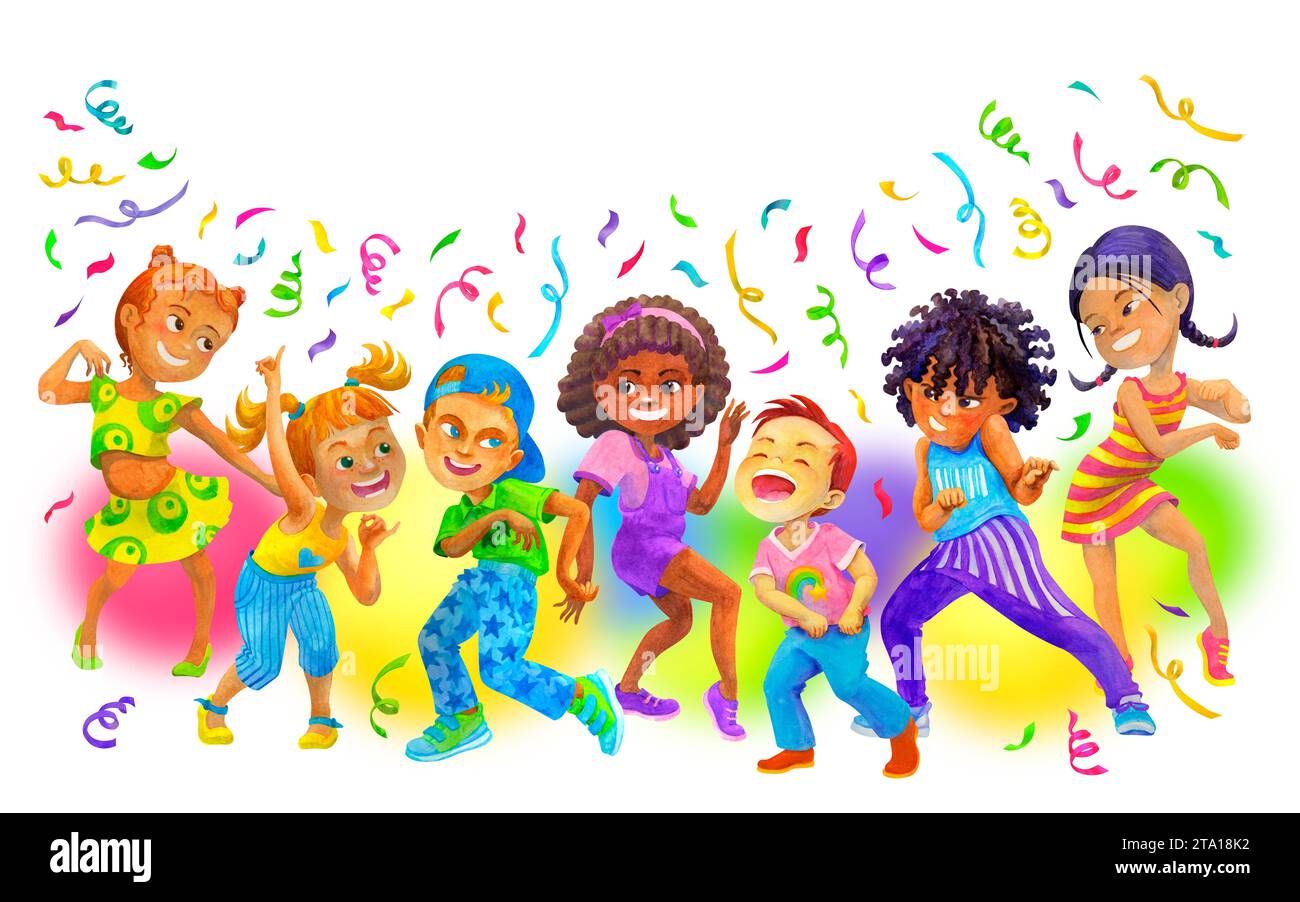 Background watercolor arrangements with dancing children and holiday ...