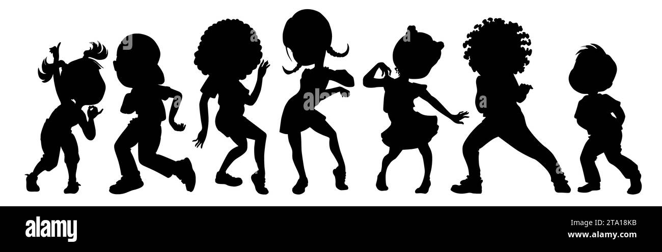 Set of boys and girls shadows dancing and having fun in kids party ...