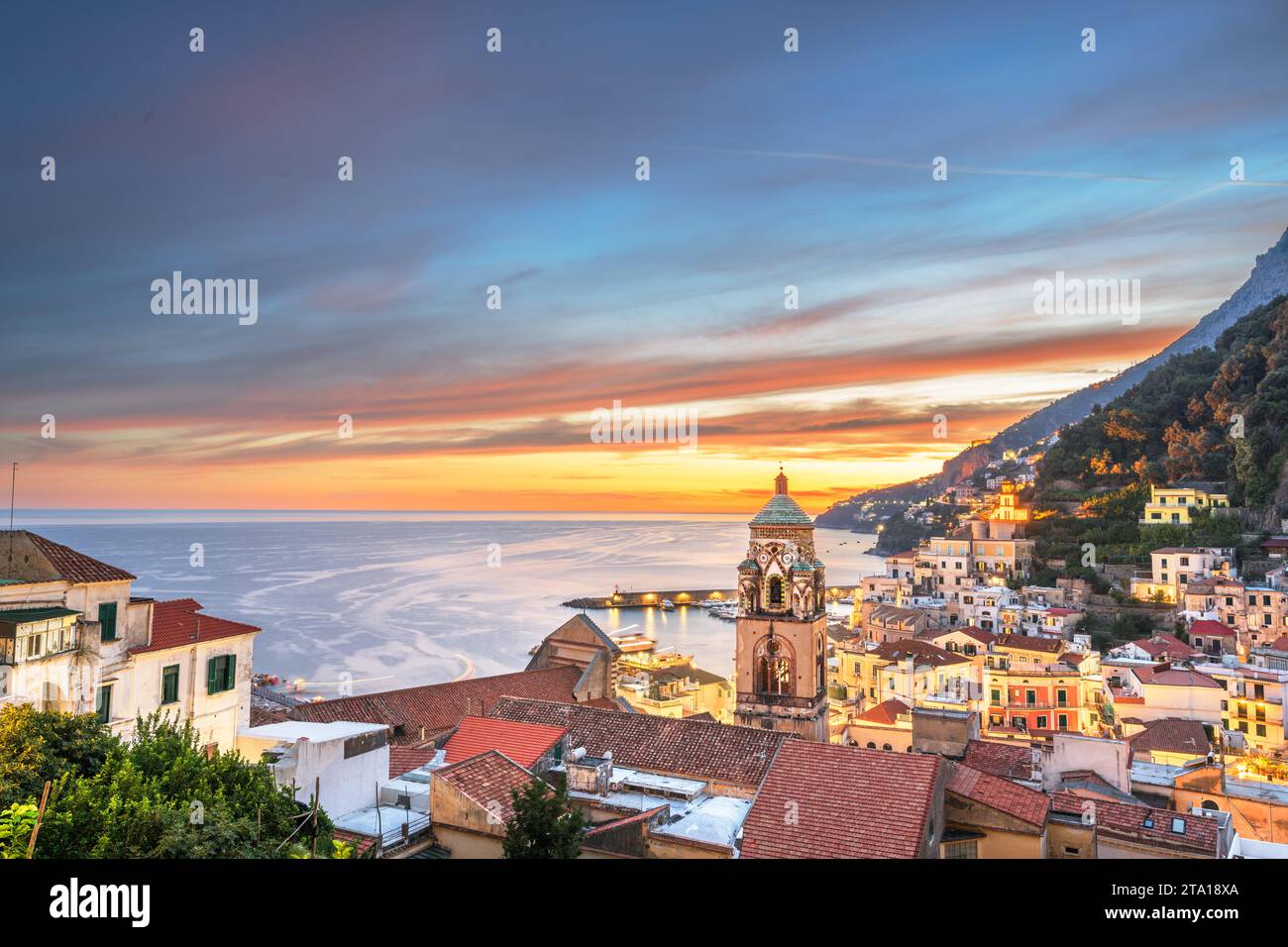 Amalfi, Italy on the Mediterranean coast just after a beautiful sunset ...