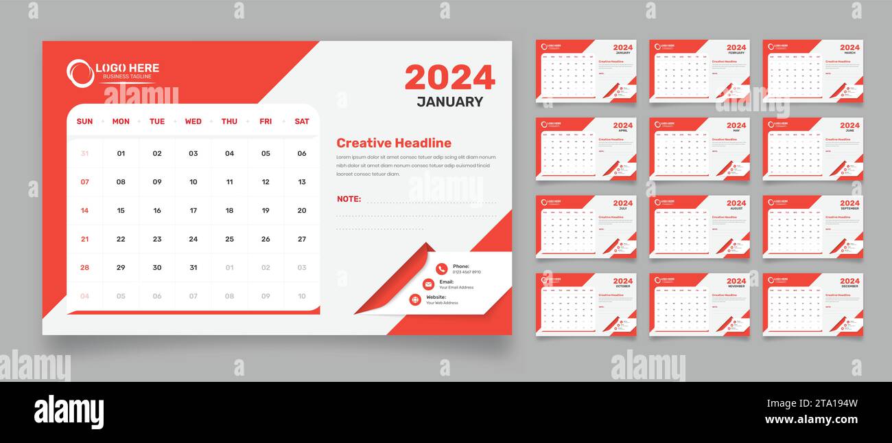 Simple desk planner template for 2024 with accurate date format Stock ...