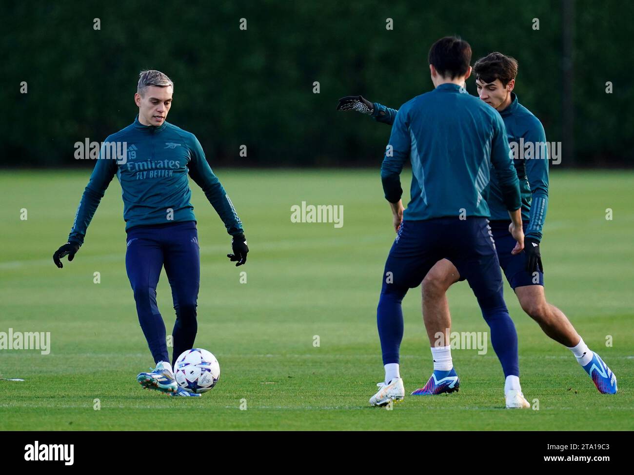 Arsenal's Leandro Trossard (left) during a training session at the ...