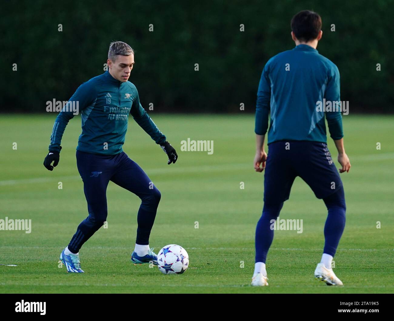 Arsenal's Leandro Trossard (left) during a training session at the ...