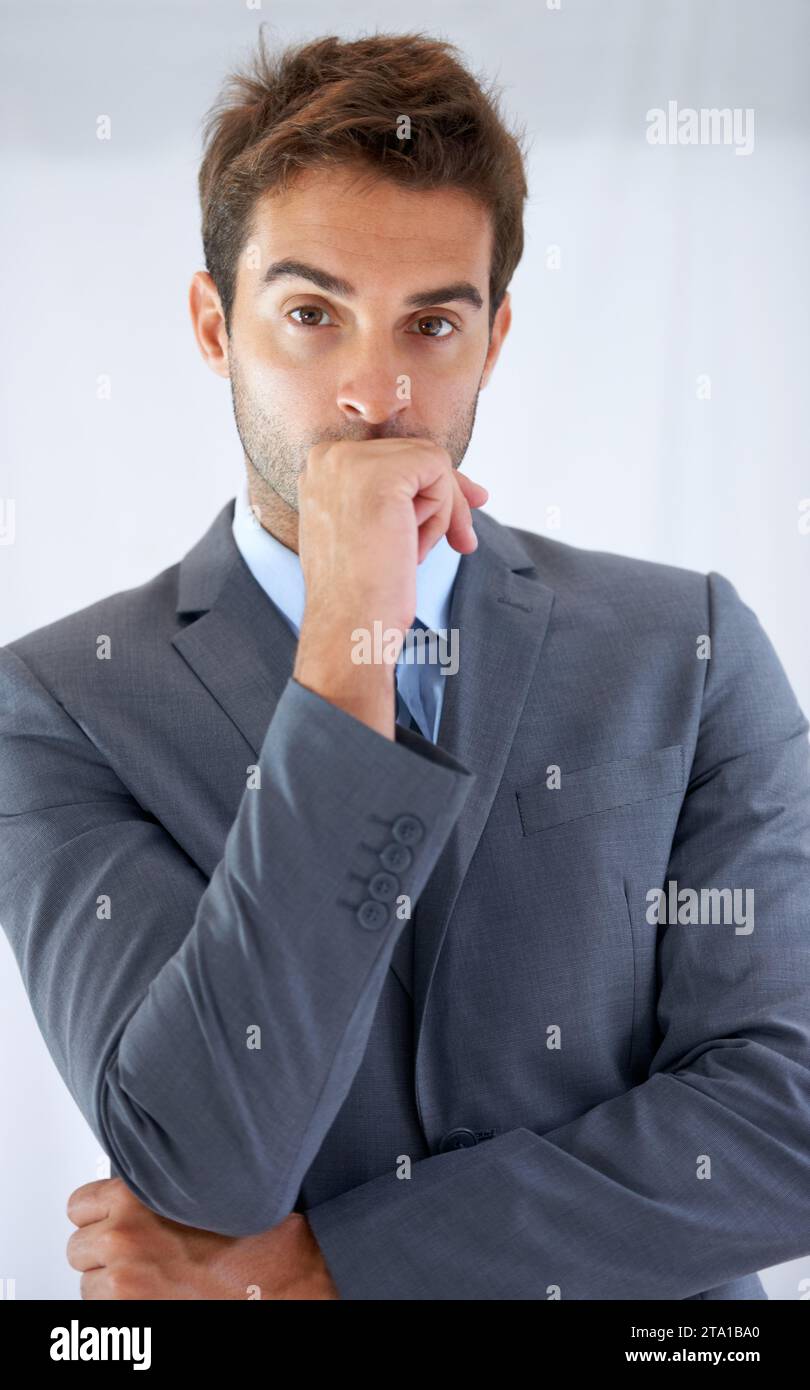 Thinking, business and man with portrait, doubt and solution with ...