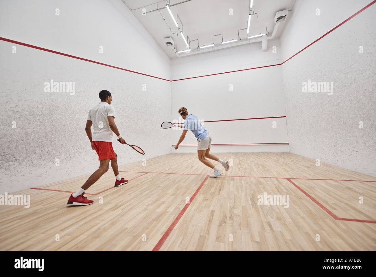 dynamic interracial sportsmen playing squash together inside of court ...