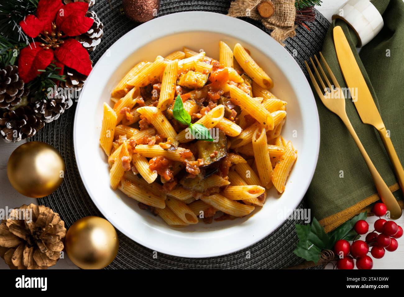 Pasta alla norma traditional italian recipe. Dish served on a table ...