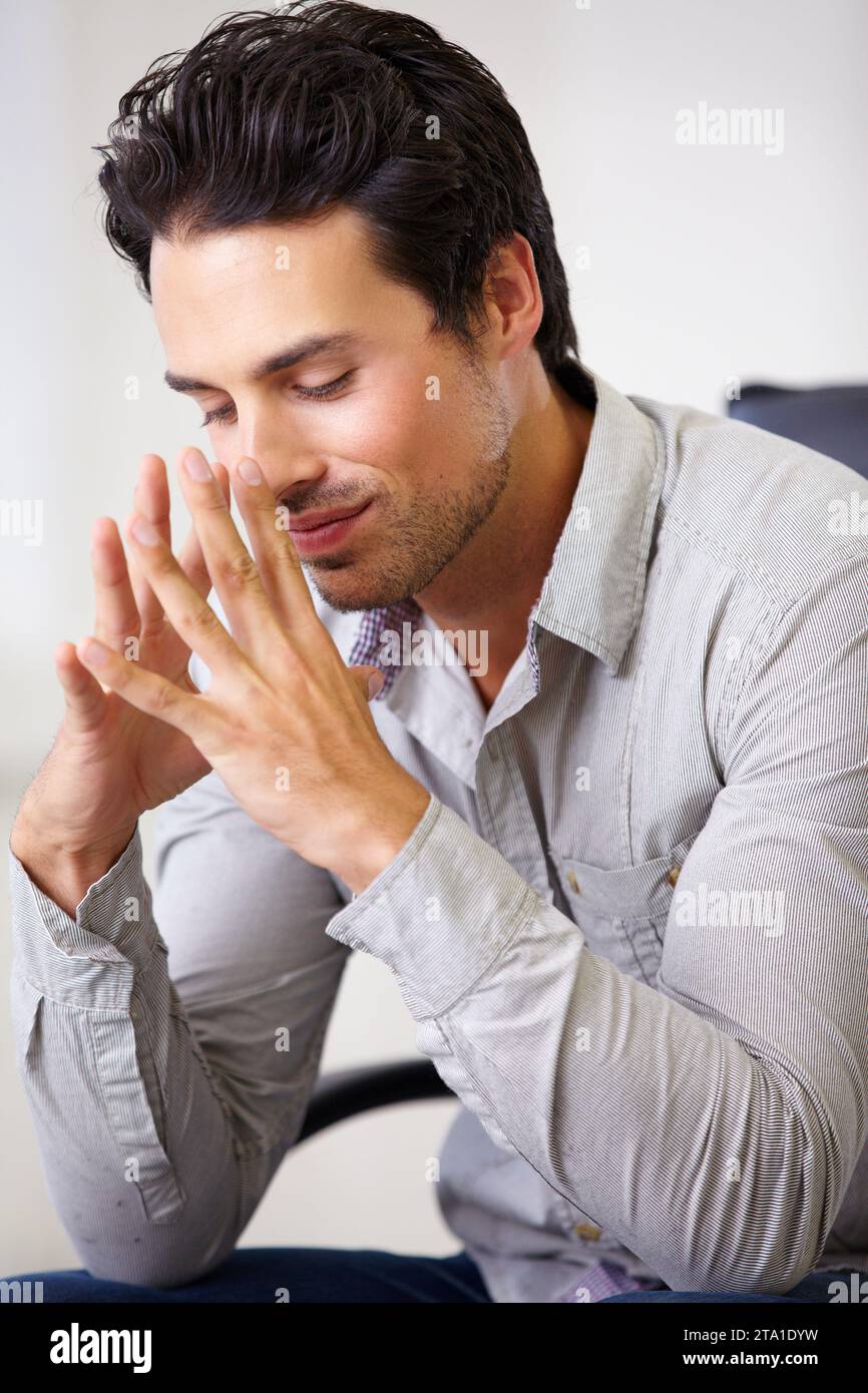 Thinking, idea and business man planning future strategy, problem ...