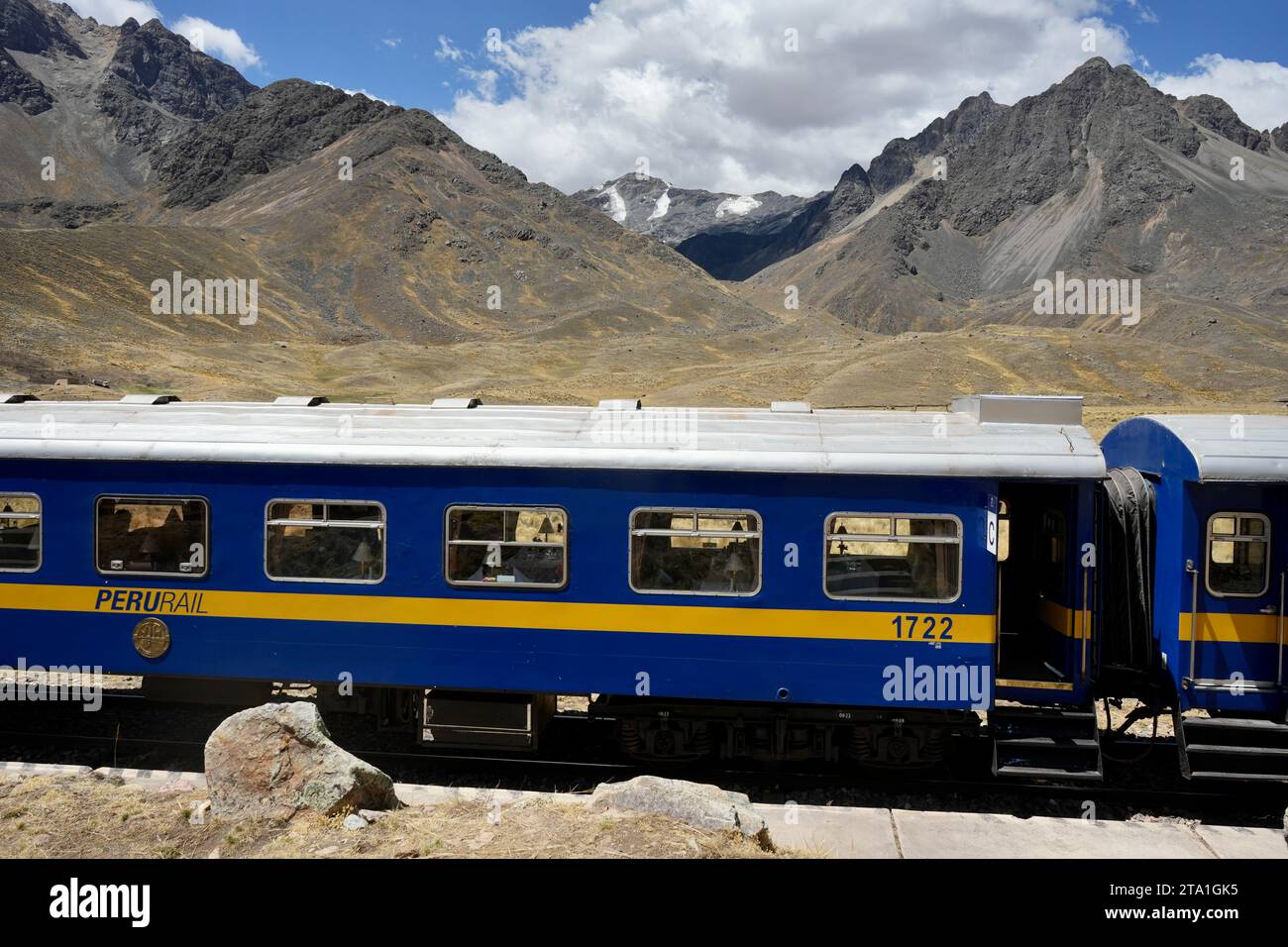 Blue Perurail Titicaca Train at La Raya Station, 4319 meters altitude ...