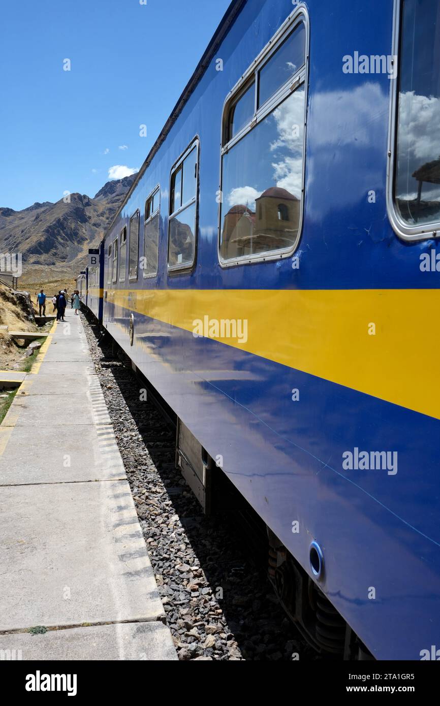 Blue Perurail Titicaca Train at La Raya Station, 4319 meters altitude ...