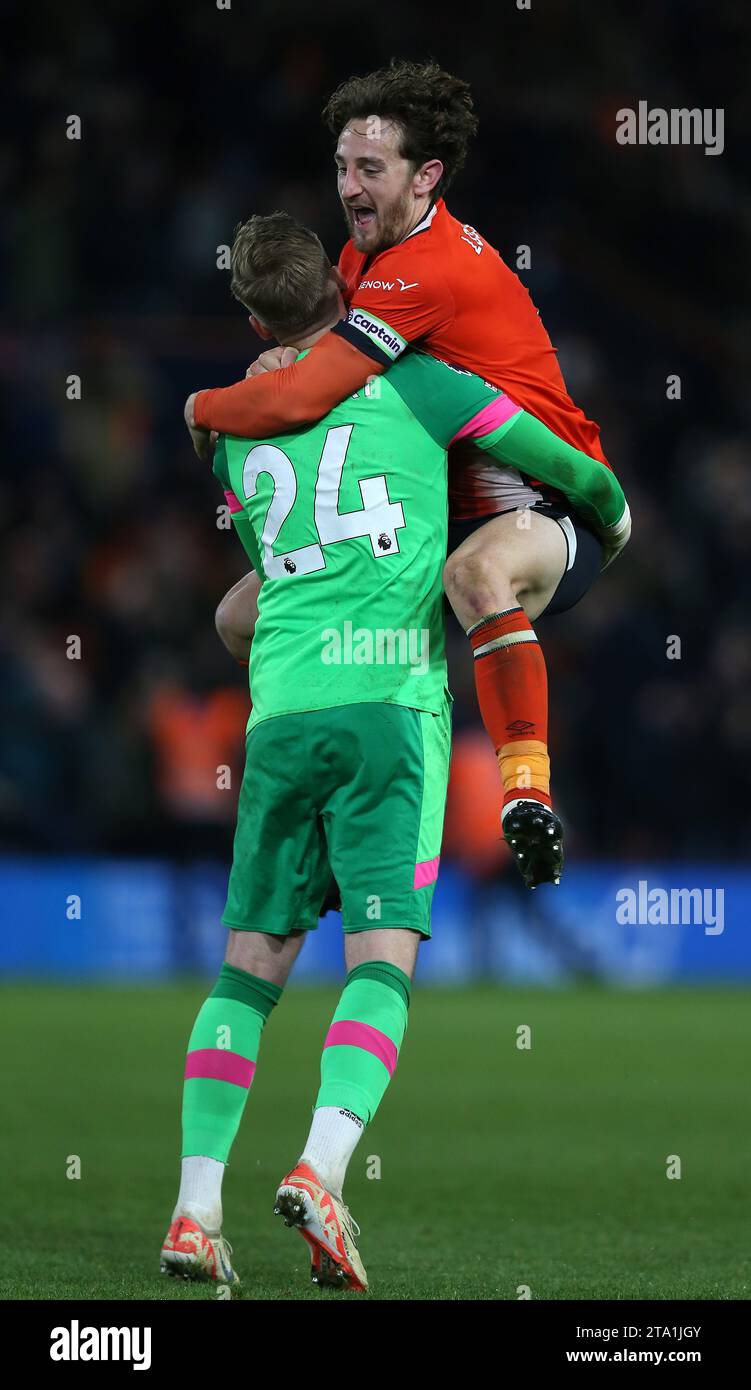 Tom Lockyer of Luton Town celebrates the victory with Thomas Kaminski ...