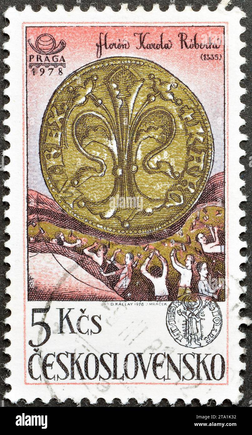 Cancelled postage stamp printed by Czechoslovakia, that shows Gold Florin of Charles Robert ...