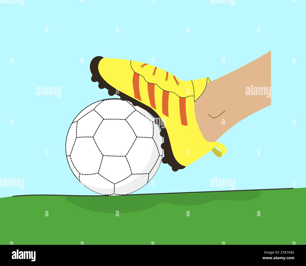 Foot in a football boot on a ball composition. Soccer player step on a ...