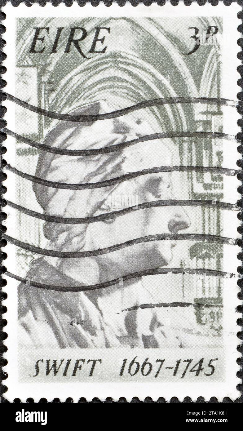 Cancelled postage stamp printed by Ireland, that shows Jonathan Swift ...