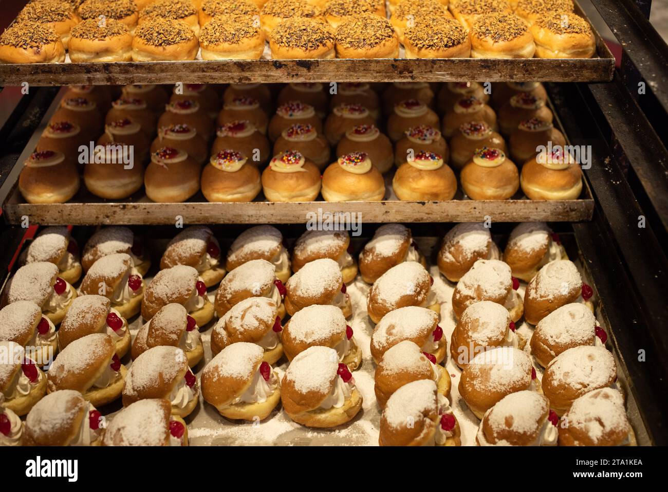 Decorative donuts on in a Jerusalem bakery during the celebration of ...