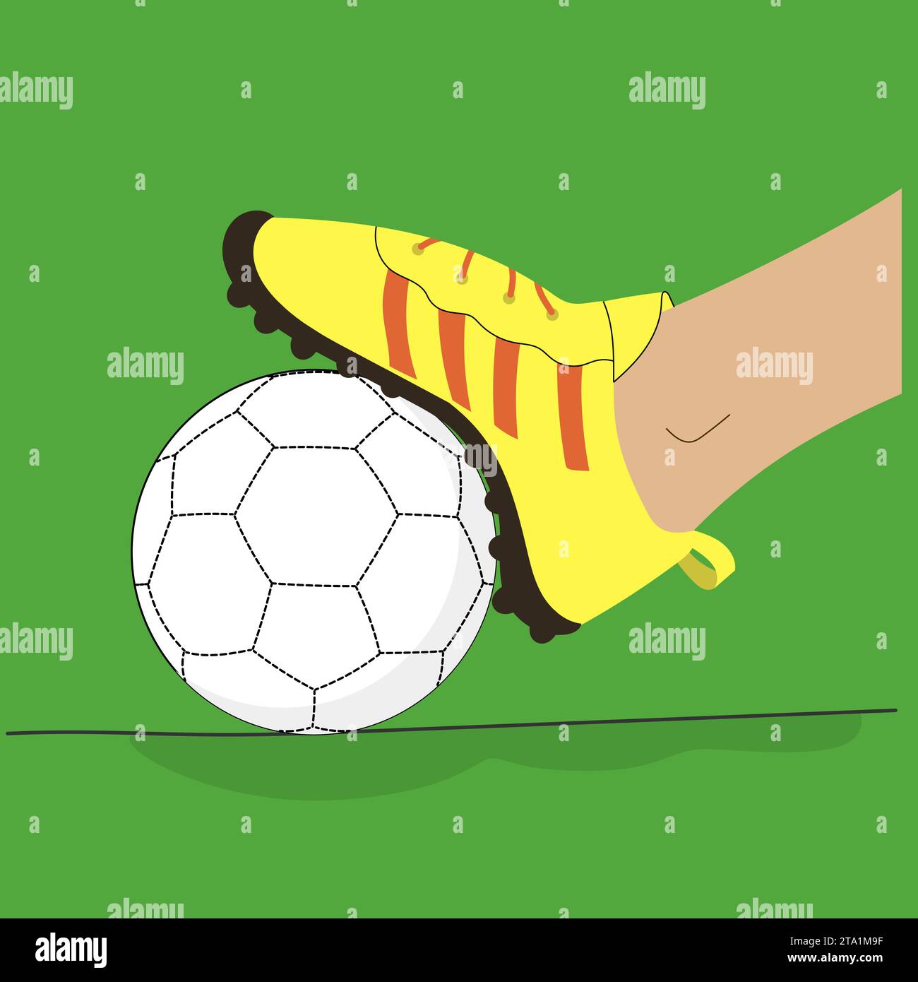 Foot in a football boot on a ball composition. Soccer player step on a ...