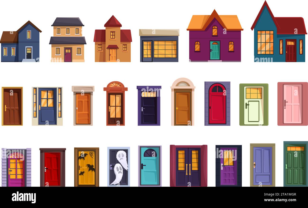 Night house front door icons set cartoon vector. Building entrance ...