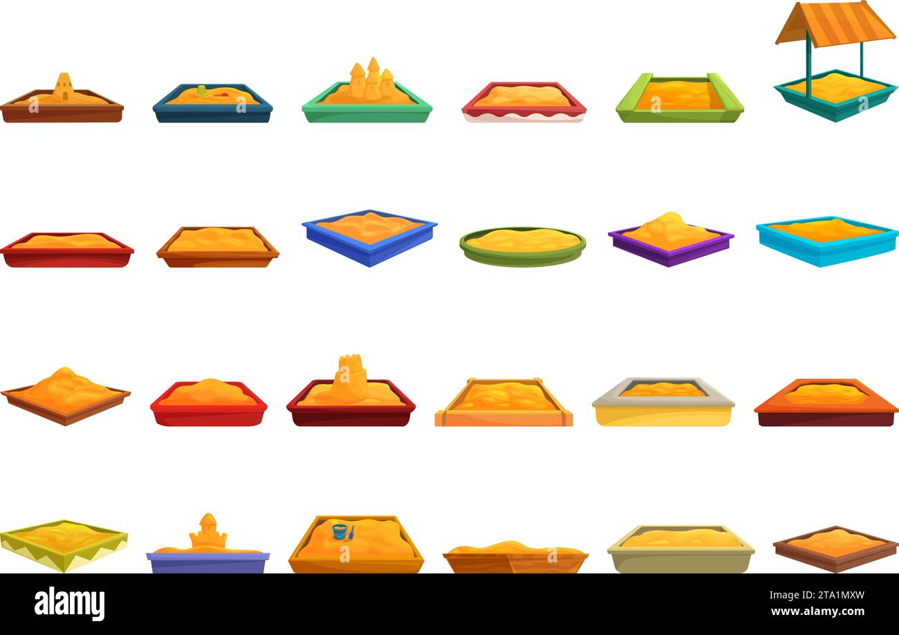 Sandbox icons set cartoon vector. Kid bucket park. Yard wooden sand ...