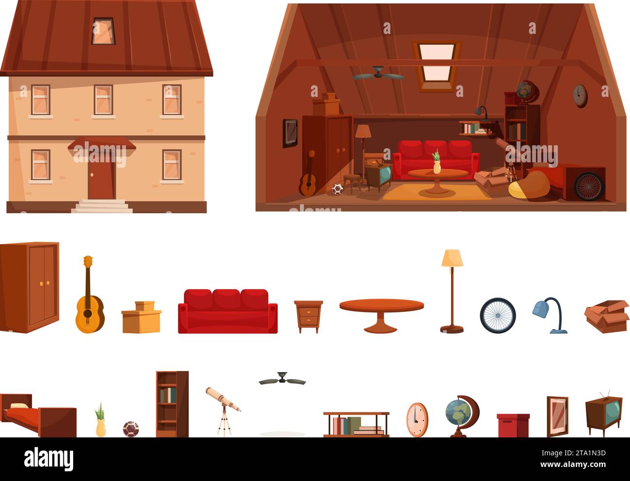 Garret icons set cartoon vector. Attic loft house. Home room wood Stock ...