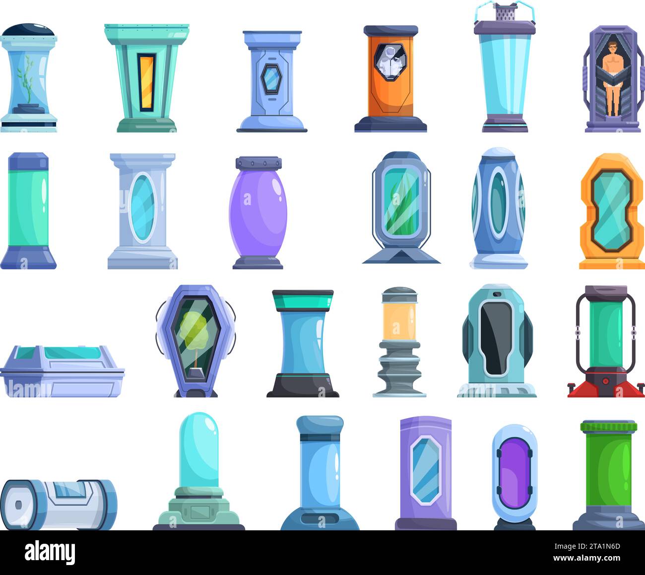 Cryogenic capsule icons set cartoon vector. Laboratory equipment ...