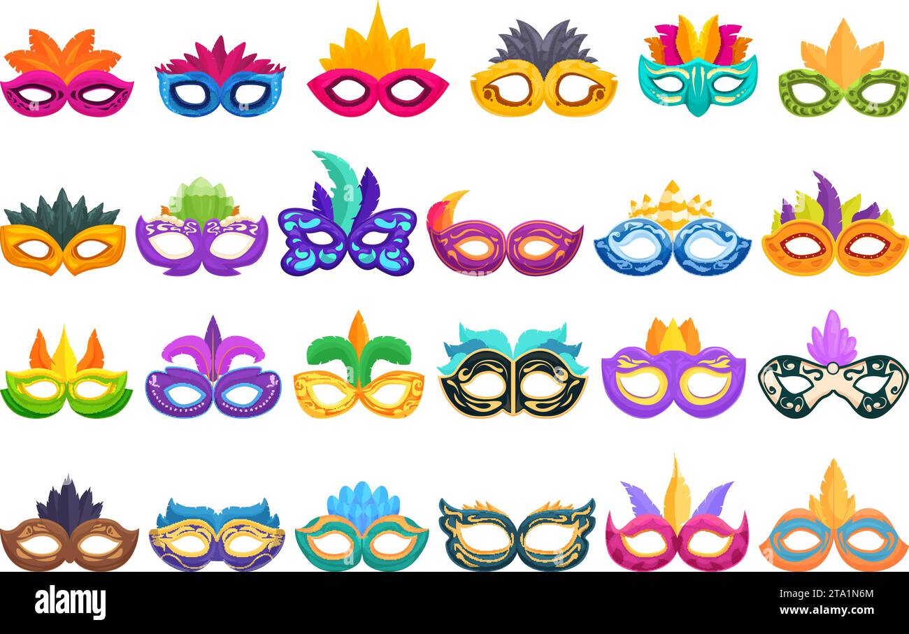 Face mask feathers icons set cartoon vector. Festival costume show ...