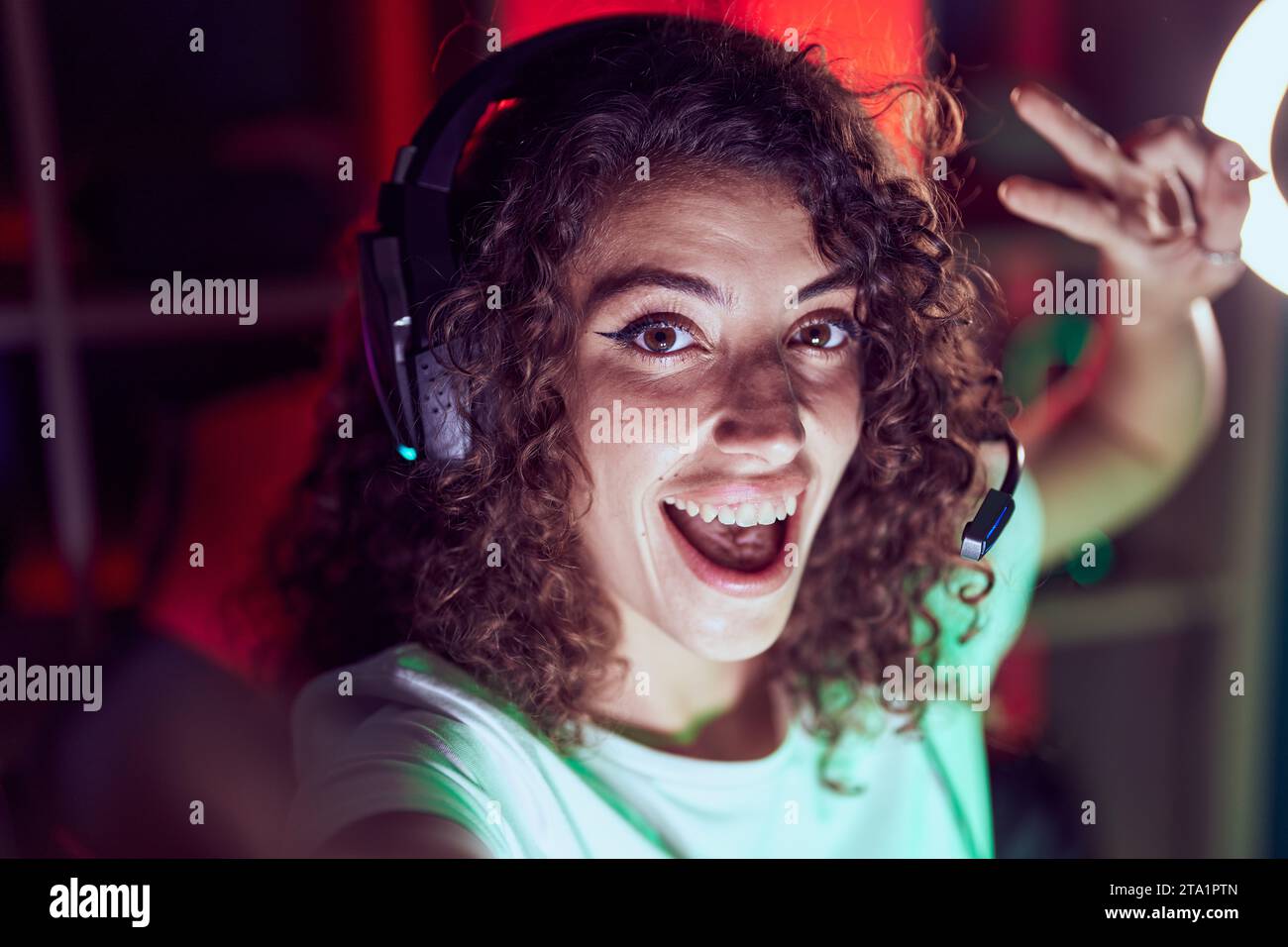 Young beautiful hispanic woman streamer smiling confident make selfie ...