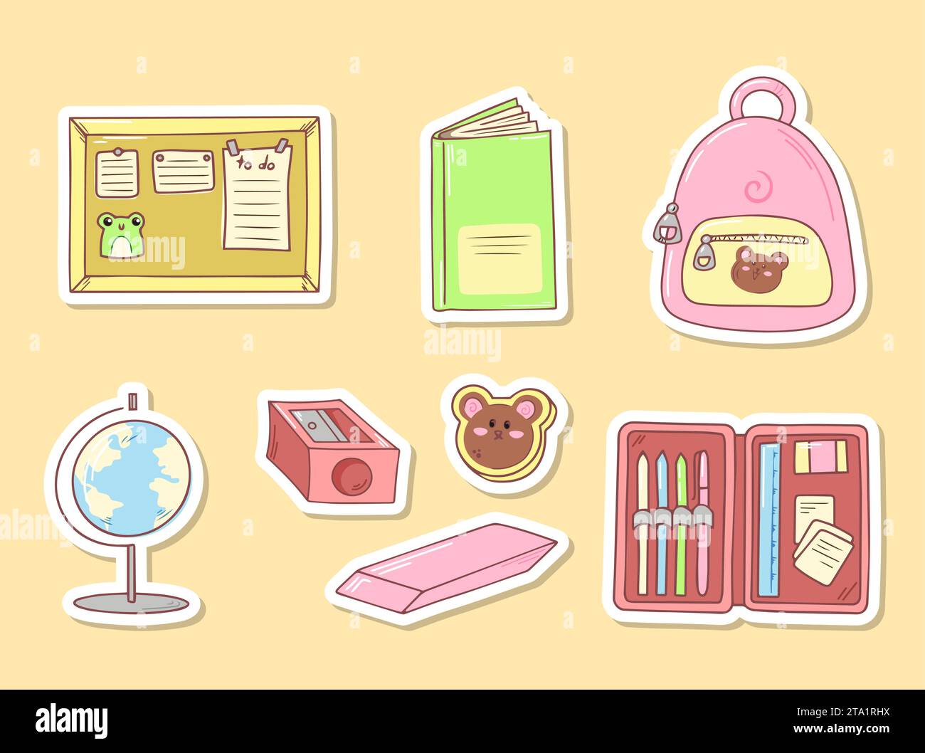 Set of school stationery supplies in cartoon style. School bag, globe ...