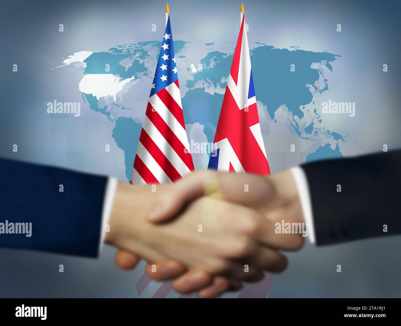 Two person shaking hands in front American,British flags.UK,USA ...